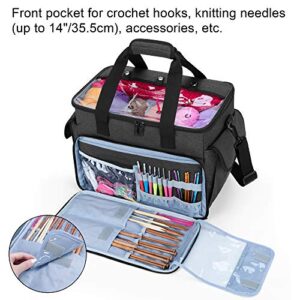 CURMIO Knitting Bag, Yarn Storage Tote with Compartments for Knitting Needles, Crochet Hooks, Knitting Project and Accessories, Bag Only, Black