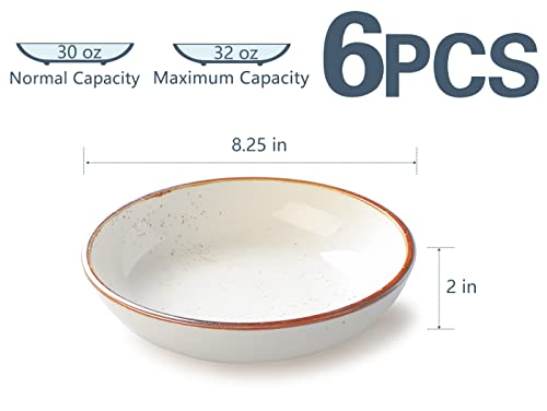 ONEMOER 30 Oz Porcelain Salad Pasta Bowls, Shallow & Wide Bowls Plates Set of 6, Large Ceramic Serving Bowls for Soup, Dessert, Pizza, Fruit. Microwave & Dishwasher Safe Kitchen Dinnerware, White