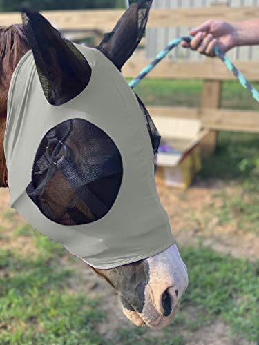 Lycra Horse Fly Mask with Ears Comfort Fit Mesh Trail Pasture Sun UV Protection (Horse, Gray)