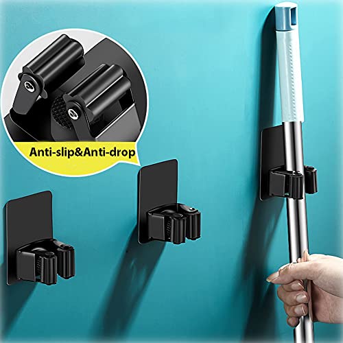 Broom Mop Holder Wall Mounted Garage Organization Tool 4Pcs Broom Gripper Holds Self Adhesive Reusable Super Anti-Slip Mop holder Organizer No Drill Install Easily Storage for Bathroom Kitchen Garden