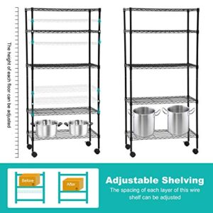 Hudada Storage Shelves 5 Tier Wire Shelving Unit Heavy Duty Metal Shelf with Wheels 30" Lx 14" Wx 60" H Adjustable Layer Rack Utility Shelf Garage Storage Shelves Kitchen Shelf Pantry Shelves