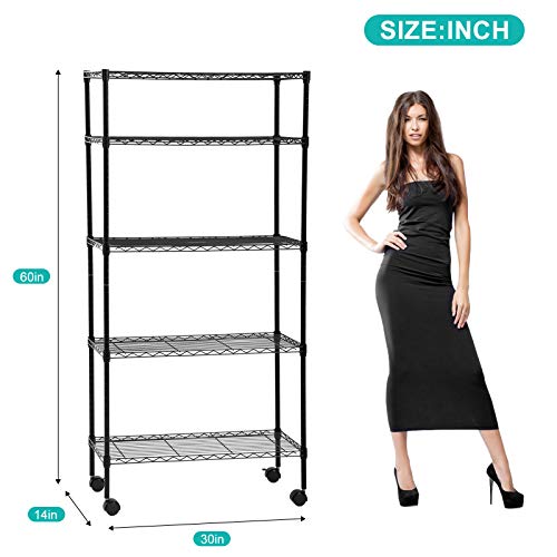 Hudada Storage Shelves 5 Tier Wire Shelving Unit Heavy Duty Metal Shelf with Wheels 30" Lx 14" Wx 60" H Adjustable Layer Rack Utility Shelf Garage Storage Shelves Kitchen Shelf Pantry Shelves