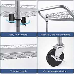 WDT Heavy Duty 3 Tier Rolling Utility Cart, Kitchen Cart on Wheels Metal Serving Cart Commercial Grade with Wire Shelving Liners and Handle Bar for Kitchen Office Hardware