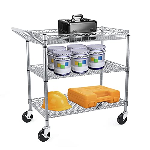 WDT Heavy Duty 3 Tier Rolling Utility Cart, Kitchen Cart on Wheels Metal Serving Cart Commercial Grade with Wire Shelving Liners and Handle Bar for Kitchen Office Hardware