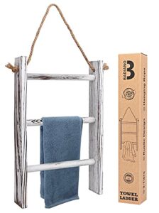 3-tier wood tower ladder rack with rope, hanging wooden blanket storage organizer for bathroom, small farmhouse storage shelf rustic and decorative