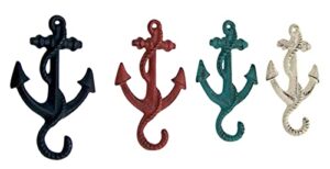 rustic cast iron anchors with rope wall hooks, assorted colors, beach themed décor, set of 4, 6 inches