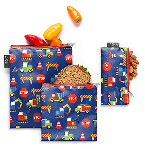 Simple Modern Reusable Snack Bags for Kids | Food Safe, BPA Free, Phthalate Free, Polyester Refillable Sandwich Bag | Ellie Collection | 3 pack | Under Construction