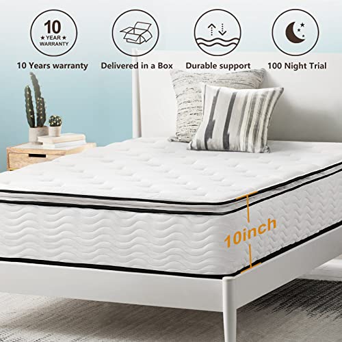 EASELAND Queen Size Mattress - 10 inch Bamboo Pillow Top Hybrid Mattress in a Box, Innerspring & Cooling Gel Memory Foam Mattresses for Supportive & Pressure Relief, Medium Firm