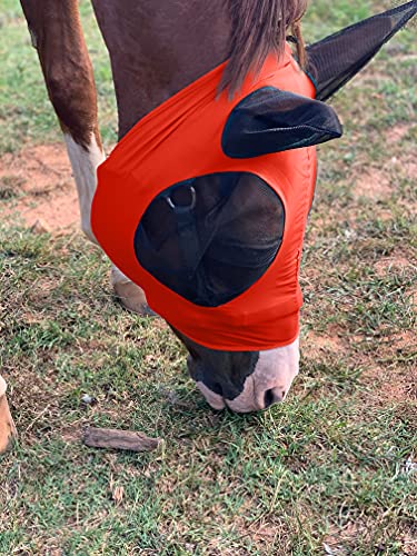 Lycra Horse Fly Mask with Ears Comfort Fit Mesh Trail Pasture Sun UV Protection (Horse, Orange)