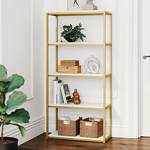 Nathan James Oscar Modern 5-Shelf Bookcase Industrial Bookshelf with Metal Frame and Wood Storage Shelves, Etagere, Gold/White