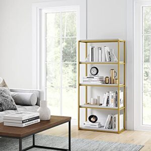 Nathan James Oscar Modern 5-Shelf Bookcase Industrial Bookshelf with Metal Frame and Wood Storage Shelves, Etagere, Gold/White