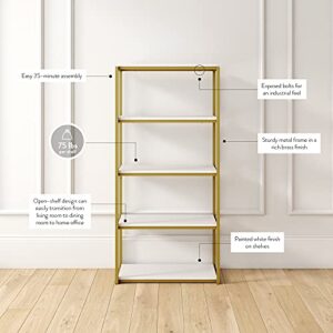 Nathan James Oscar Modern 5-Shelf Bookcase Industrial Bookshelf with Metal Frame and Wood Storage Shelves, Etagere, Gold/White