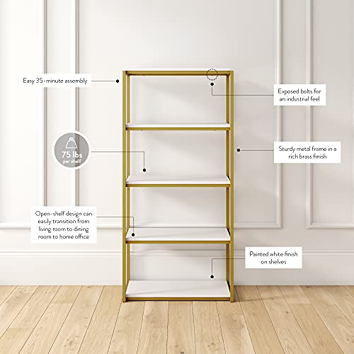 Nathan James Oscar Modern 5-Shelf Bookcase Industrial Bookshelf with Metal Frame and Wood Storage Shelves, Etagere, Gold/White