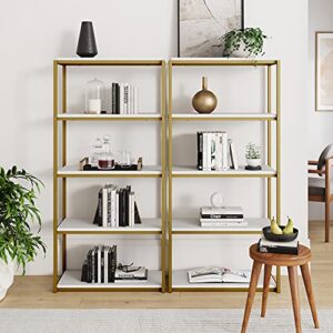 Nathan James Oscar Modern 5-Shelf Bookcase Industrial Bookshelf with Metal Frame and Wood Storage Shelves, Etagere, Gold/White