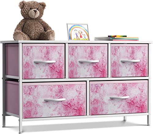 Sorbus Kids Dresser with 5 Drawers - Storage Chest Organizer Unit with Steel Frame, Wood Top, Easy Pull Fabric Bins - Long Wide TV Stand for Bedroom Furniture, Hallway, Closet & Office Organization