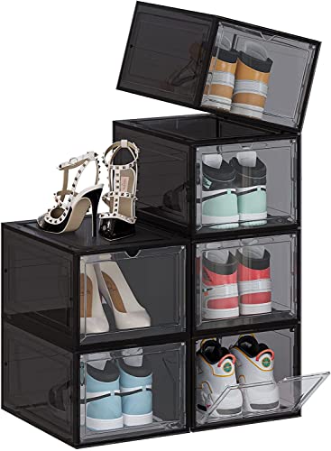 Yunge Drop Front Shoe Box,Set of 6, Stackable Plastic Shoe Box with Clear Door,Shoe Organizer for Display Sneaker, Easy Assembly,Fit up to US Size 14(11.02"x 13.97" x 8.66") Black