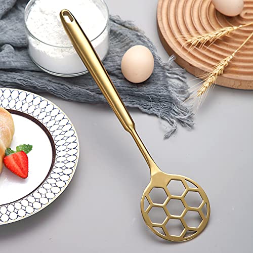 Gold Dough Whisk, Sturdy Football Shape Full Stainless Steel Flat Whisks For Cooking And Baking With Gold Titanium Plating, No Horking Hold in The Handle For Easy To Clean, Dishwasher Safe