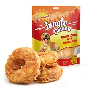 jungle calling dog treats long lasting, rawhide chews for dogs, chicken wrapped rawhide donuts, chewy snacks for medium large dogs