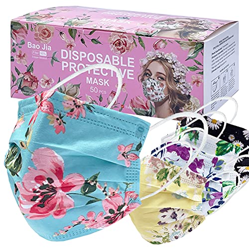 Everydayspecial Disposable Safety Mask 3 Layer Protection Face Mask for Adults 50 pcs (Flower Assorted Print)