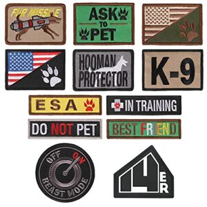 14er tactical k9 unit dog patches (12-pack) | embroidered service animal, ask to pet, do not pet, therapy dog in training | esa hook and loop patches for dog vest, military harness, collar and leashes