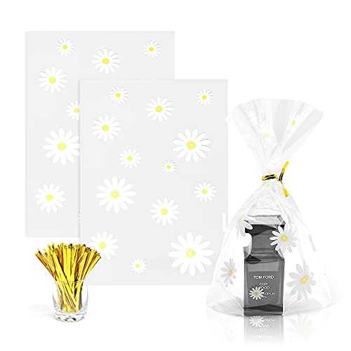 souG 100pcs Gusseted cellophane Bags Little White Daisy Cookie Bags (Size 5.9"x9"x2" with Gold Twist Ties, Best Gusset Bag for Presenting Packaged Treats, Candy, Popcorn etc.