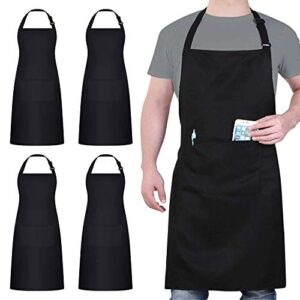 4 packs chef apron, black waterproof apron, adjustable apron with 2 pockets for men women, professional apron for kitchen cooking gardening painting baking restaurant (black)