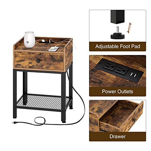 Rolanstar Nightstand with Charging Station and USB Ports, Rustic End Table with Drawer and Metal Shelf for Bedroom, Living Room, Rustic Brown