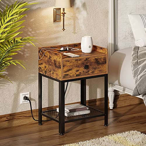 Rolanstar Nightstand with Charging Station and USB Ports, Rustic End Table with Drawer and Metal Shelf for Bedroom, Living Room, Rustic Brown