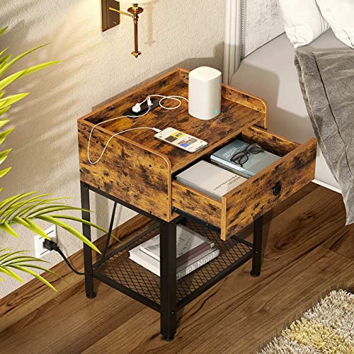 Rolanstar Nightstand with Charging Station and USB Ports, Rustic End Table with Drawer and Metal Shelf for Bedroom, Living Room, Rustic Brown