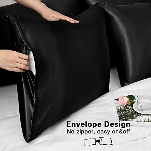 Satin Pillowcase for Hair and Skin, Set of 2 Black Silk Pillowcase Satin Pillowcase with Envelope Closure(Black,20x30 inches)