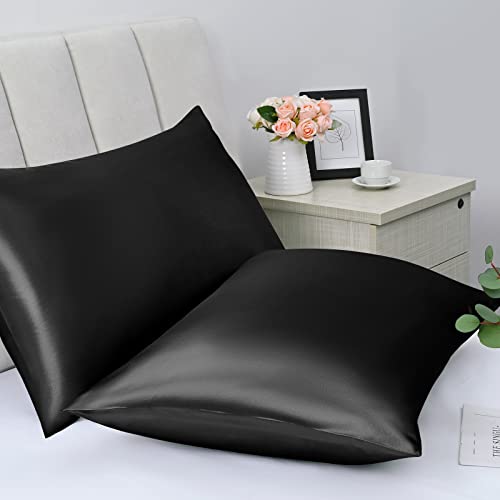 Satin Pillowcase for Hair and Skin, Set of 2 Black Silk Pillowcase Satin Pillowcase with Envelope Closure(Black,20x30 inches)