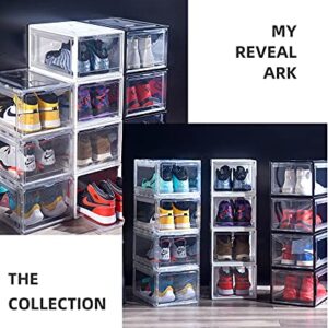 AFULILI Magnetic Shoe Storage Boxes Stackable Front Open Acrylic Organizer Sneaker Display Case for Shoe or Collections Clear Closet Shelf (Clear)