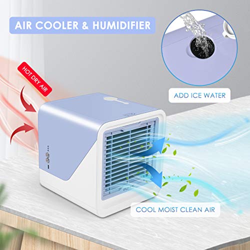 Geohee Portable Air Conditioner,Personal Air Cooler with 3-Speeds,Mini Air Conditioner with LED Light,Desktop Cooling Fan with Handle,Suitable for RoomOffice,Blue