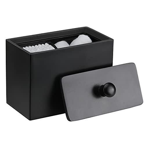 Luxspire Cotton Swab Holder, Resin Cotton Ball Canister with Lid, 2 Compartments Dispenser Storage Box Cosmetics Countertop Organizer Containers for Cotton Pads, Rounds - Matte Black