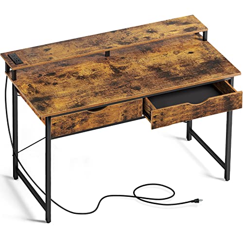 Rolanstar Computer Desk with 2 Drawers and Power Outlet, 39" Home Office Writing Desk with Monitor Stand, Workstation Table with Stable Metal Frame, Rustic Brown