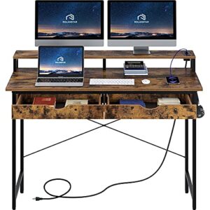 Rolanstar Computer Desk with 2 Drawers and Power Outlet, 39" Home Office Writing Desk with Monitor Stand, Workstation Table with Stable Metal Frame, Rustic Brown