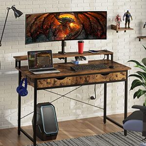 Rolanstar Computer Desk with 2 Drawers and Power Outlet, 39" Home Office Writing Desk with Monitor Stand, Workstation Table with Stable Metal Frame, Rustic Brown