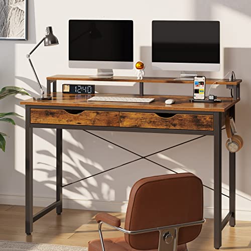 Rolanstar Computer Desk with 2 Drawers and Power Outlet, 39" Home Office Writing Desk with Monitor Stand, Workstation Table with Stable Metal Frame, Rustic Brown