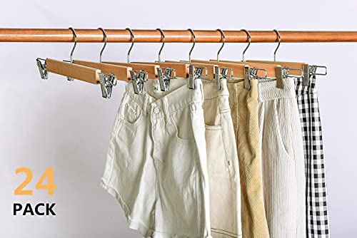 Amber Home 14.17" Solid Natural Wooden Pant Skirt Hangers 24 Pack, Bottom Hangers for Slacks Trousers Jeans with 2-Adjustable Anti-Rust Clips (Natural, 24 Pack)