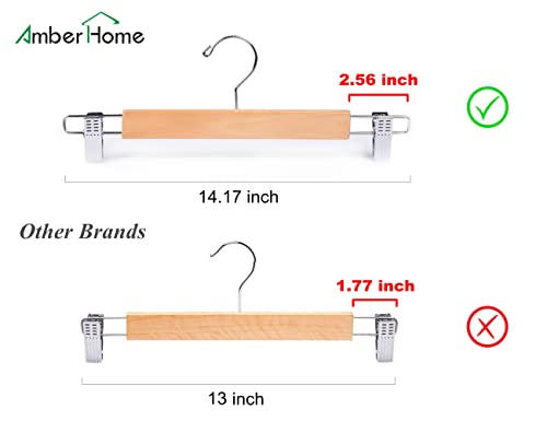 Amber Home 14.17" Solid Natural Wooden Pant Skirt Hangers 24 Pack, Bottom Hangers for Slacks Trousers Jeans with 2-Adjustable Anti-Rust Clips (Natural, 24 Pack)