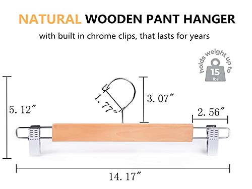 Amber Home 14.17" Solid Natural Wooden Pant Skirt Hangers 24 Pack, Bottom Hangers for Slacks Trousers Jeans with 2-Adjustable Anti-Rust Clips (Natural, 24 Pack)