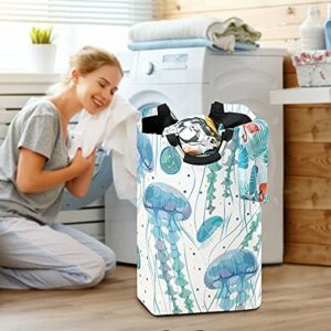 susiyo Teal Jellyfish Laundry Hamper Collapsible Laundry Basket Organizer Freestanding Waterproof Round Storage Bin for Bedrooms Nursery Dorm Clothes Toys Books