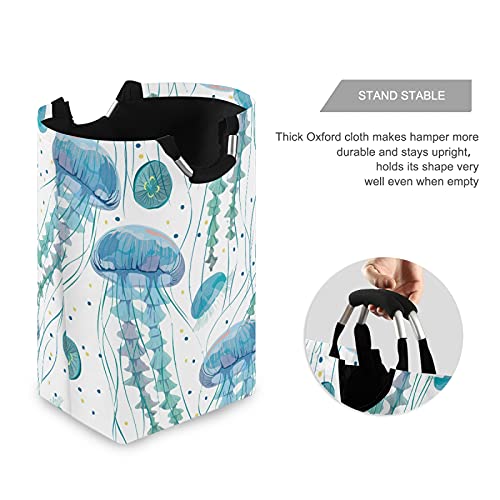 susiyo Teal Jellyfish Laundry Hamper Collapsible Laundry Basket Organizer Freestanding Waterproof Round Storage Bin for Bedrooms Nursery Dorm Clothes Toys Books