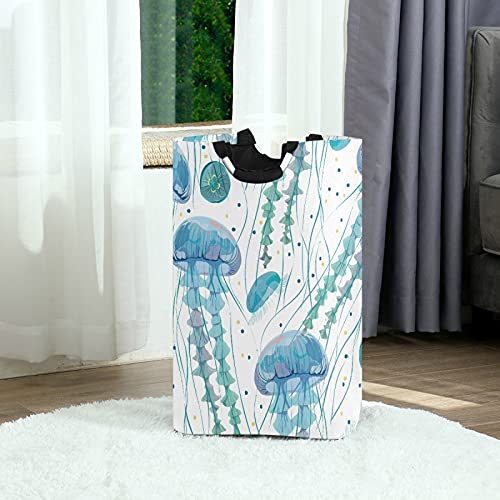 susiyo Teal Jellyfish Laundry Hamper Collapsible Laundry Basket Organizer Freestanding Waterproof Round Storage Bin for Bedrooms Nursery Dorm Clothes Toys Books