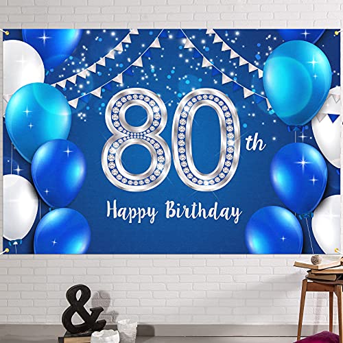 HAMIGAR 6x4ft Happy 80th Birthday Banner Backdrop - 80 Years Old Birthday Decorations Party Supplies for Women Men - Blue Silver