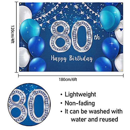 HAMIGAR 6x4ft Happy 80th Birthday Banner Backdrop - 80 Years Old Birthday Decorations Party Supplies for Women Men - Blue Silver