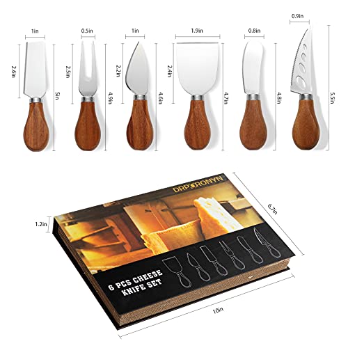 Premium 6-Piece Cheese Knife Set - Complete Stainless Steel Cheese Knives Collection with Wood Handles (Unique Gift-Ready)