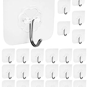 TLBX Adhesive Wall Hooks 22lb(10 Kg Max) Reusable Seamless Hooks, Waterproof and Oilproof, Bathroom Kitchen Heavy Duty Clear Hooks Transparent Sticky Wall Hanger 24 Pack