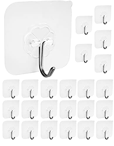 TLBX Adhesive Wall Hooks 22lb(10 Kg Max) Reusable Seamless Hooks, Waterproof and Oilproof, Bathroom Kitchen Heavy Duty Clear Hooks Transparent Sticky Wall Hanger 24 Pack