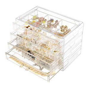 weiai acrylic jewelry box 4 drawers, 72 grids clear jewelry organizer with adjustable dividers, large capacity earring ring gift boxes